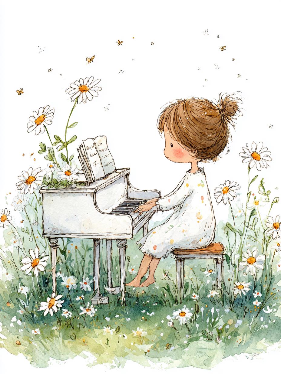 Tiny Piano, Child Art, Daisy Field, Garden Music, Cute Illustration ...