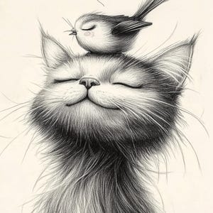 Cute Cat Drawing, Bird on Cat Art, Pencil Sketch Animal, Whimsical Cat ...