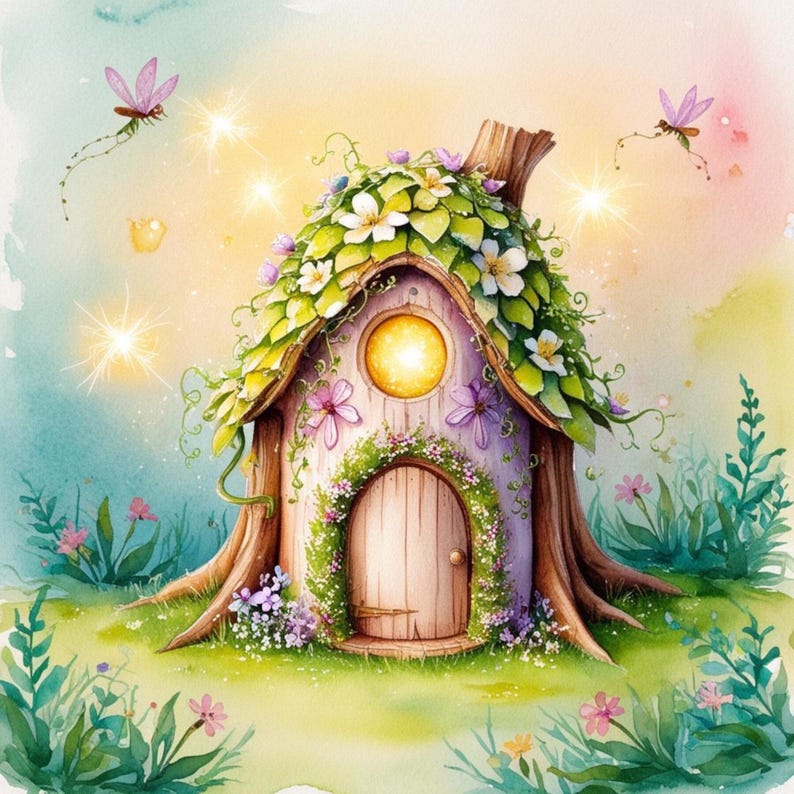 Mystical Fairy Houses, Fairy House Art, Whimsical Watercolor, Enchanted ...