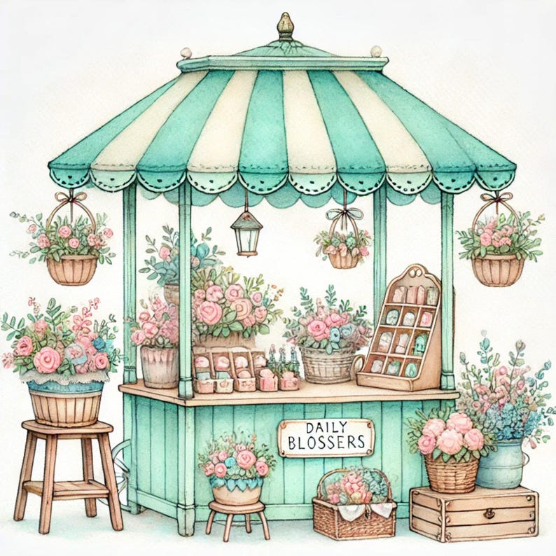 Flower Market Stall, Floral Clipart, Flower Stall, Pastel Flowers ...