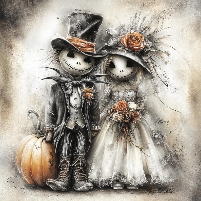 Halloween Couple, Gothic Wedding, Spooky Bride, Pumpkin Groom, Skeleton ...