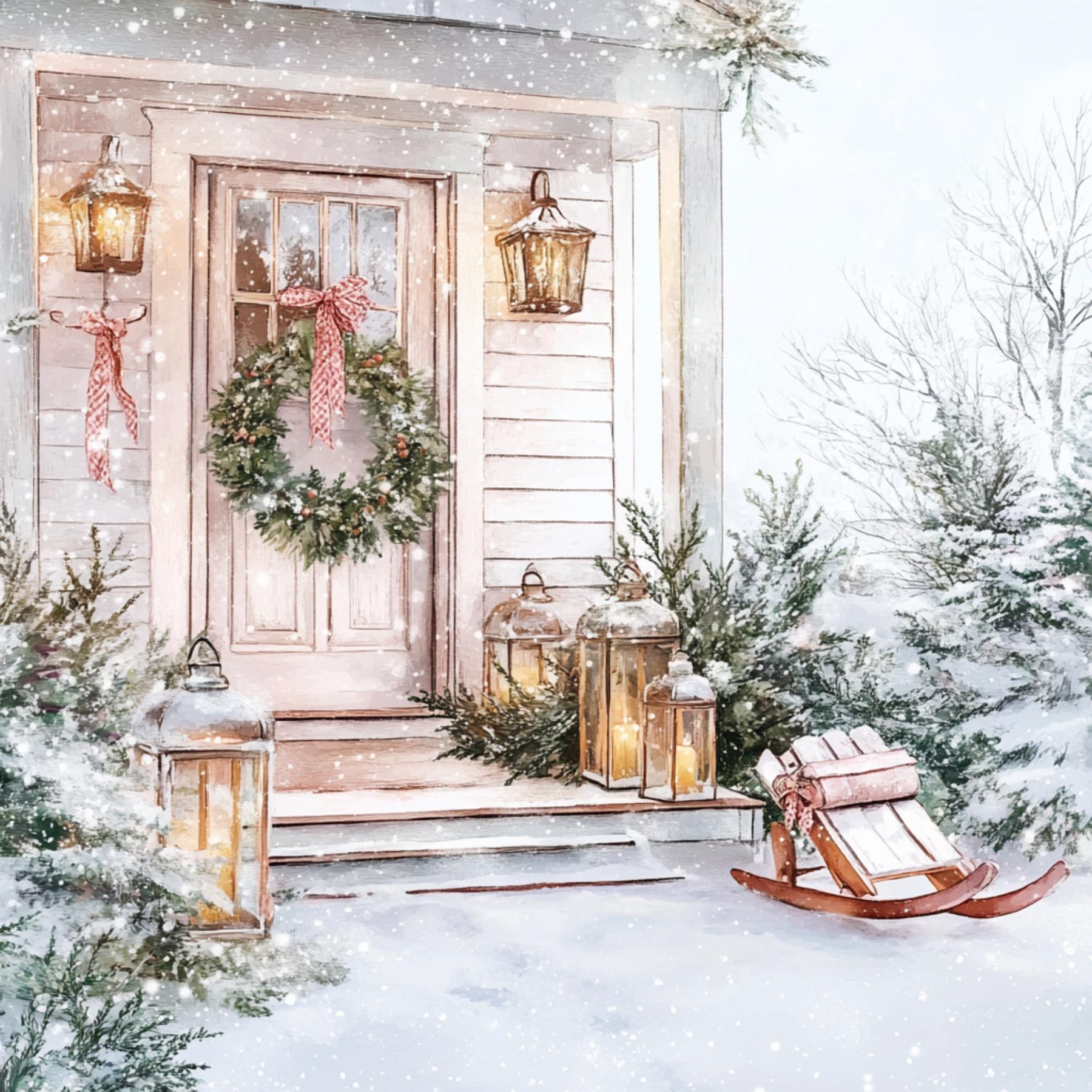 Snowy Porch, Winter Door, Xmas Porch, Rustic Sled, Wreath Art, Snow ...