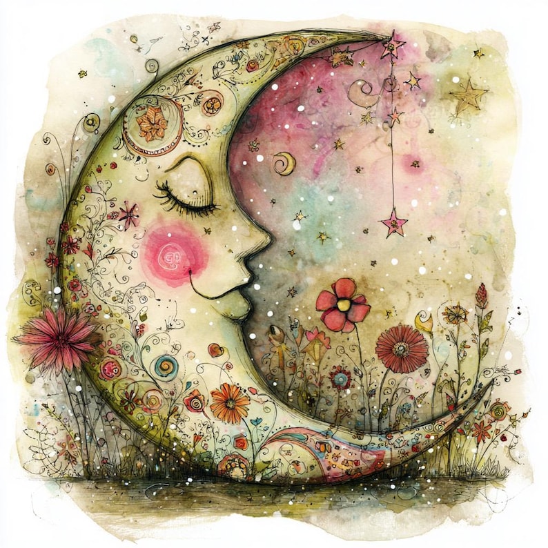 Whimsical Crescent Moon Clipart Set, Floral Watercolor and Ink ...