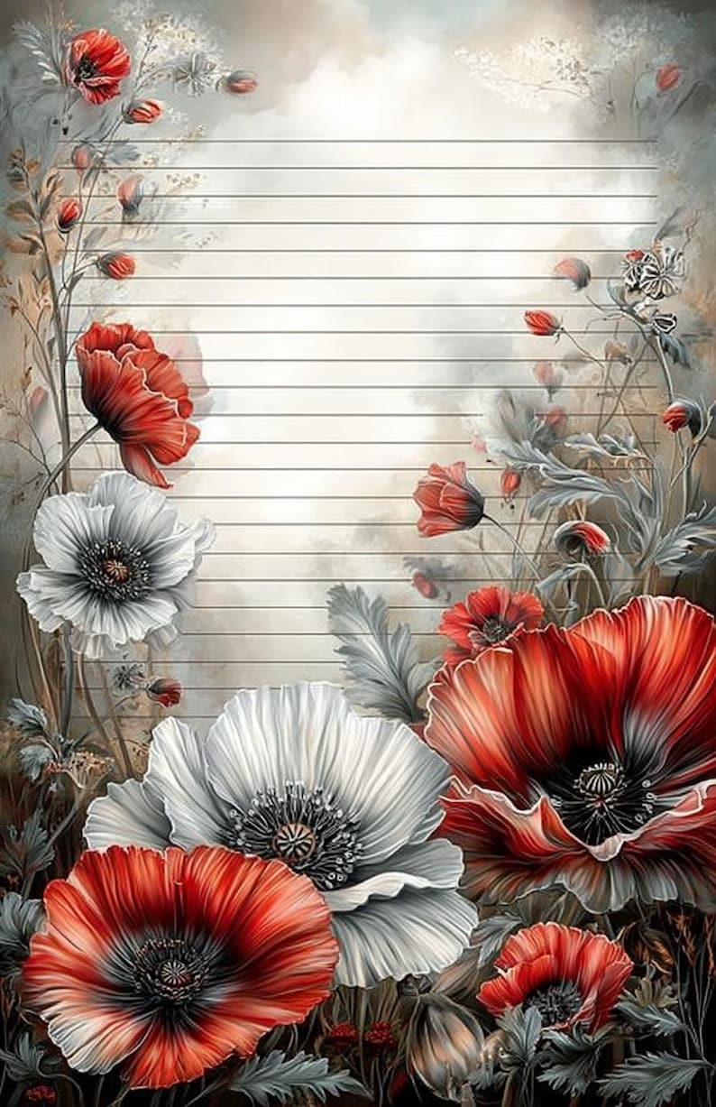 Red Poppy, Flower Pages, Floral Journal, Vintage Stationery, Poppy ...