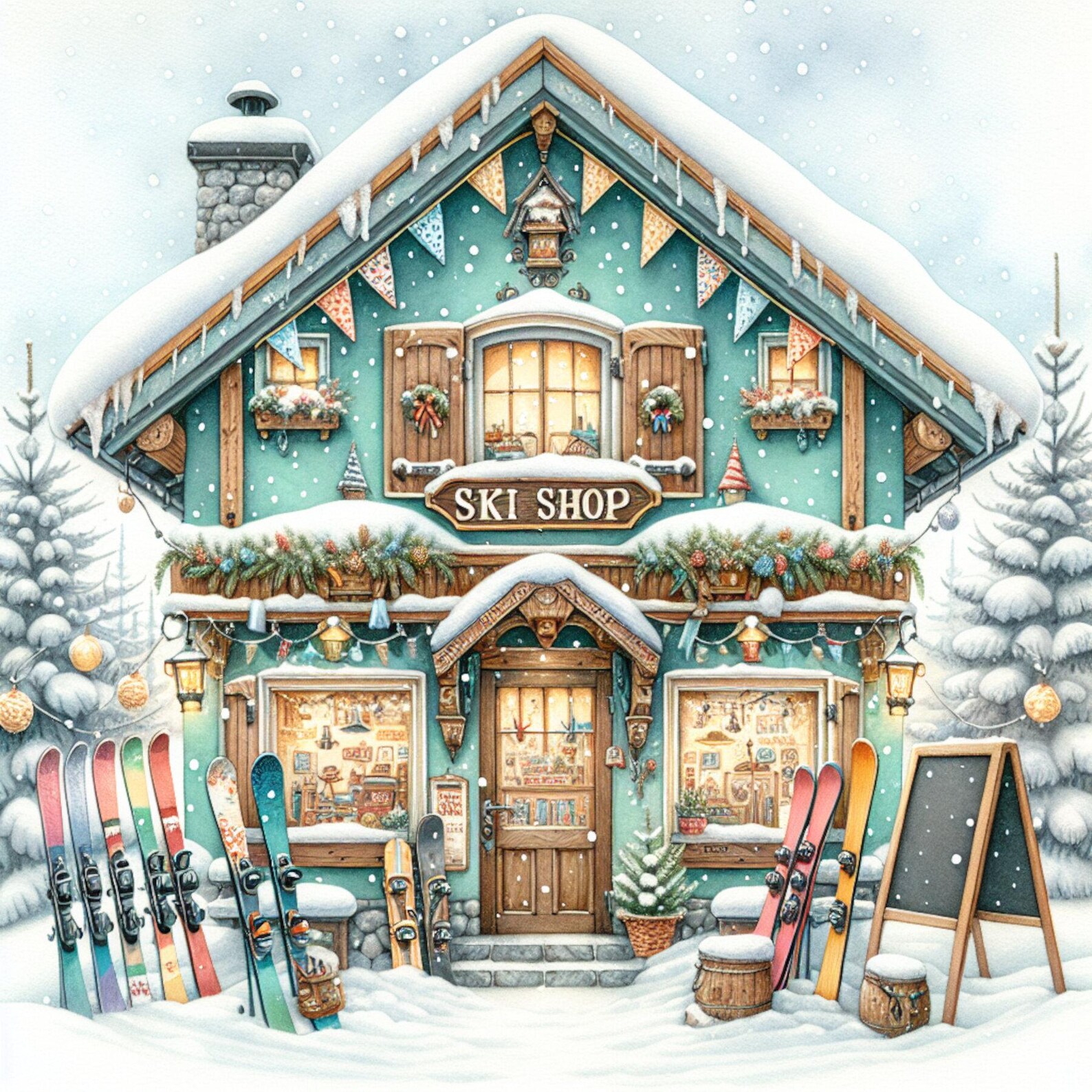 Ski Shop Clipart, Winter Shop Art, Snowy Cabin Clipart, Ski Lodge Art ...