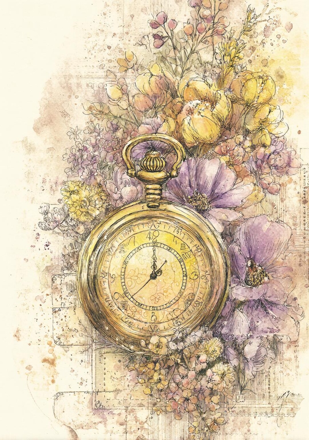 Vintage Watch, Golden Time, Floral Timepiece, Soft Bloom, Botanical ...