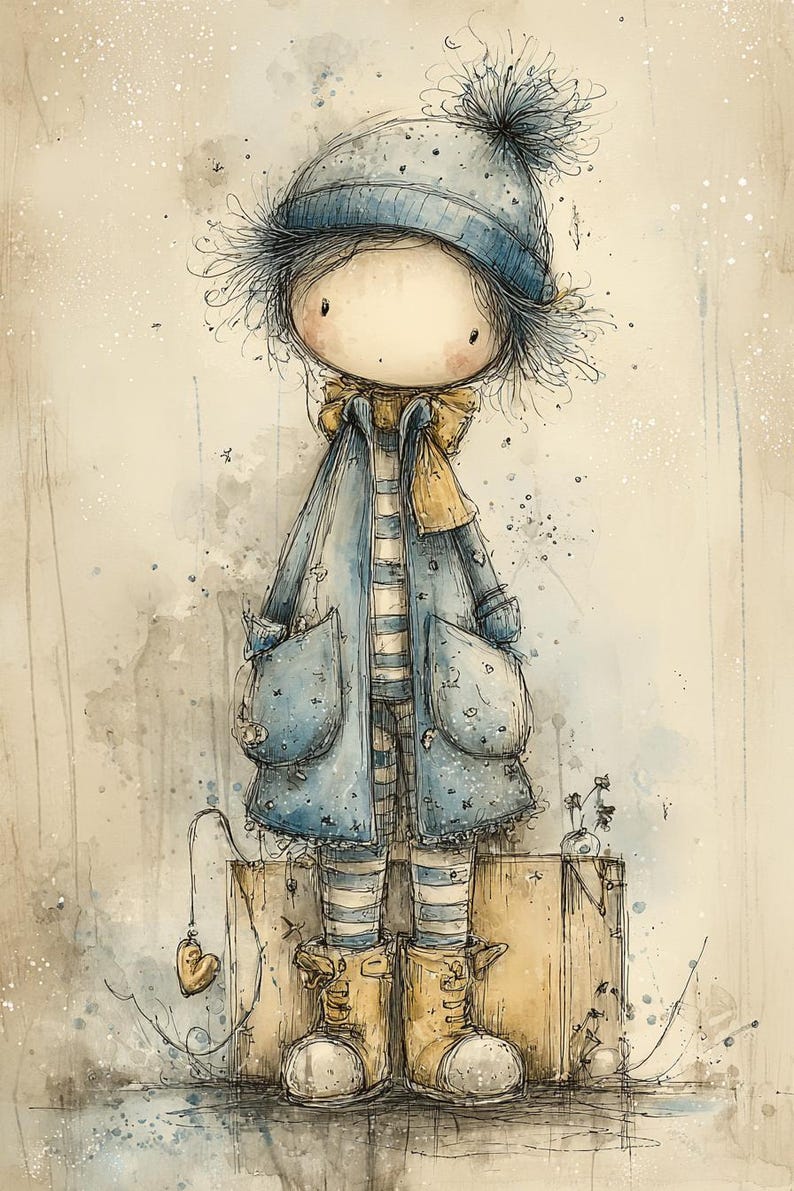 Whimsical Doll, Winter Girl Art, Cozy Kid Sketch, Blue Coat Girl, Cute ...