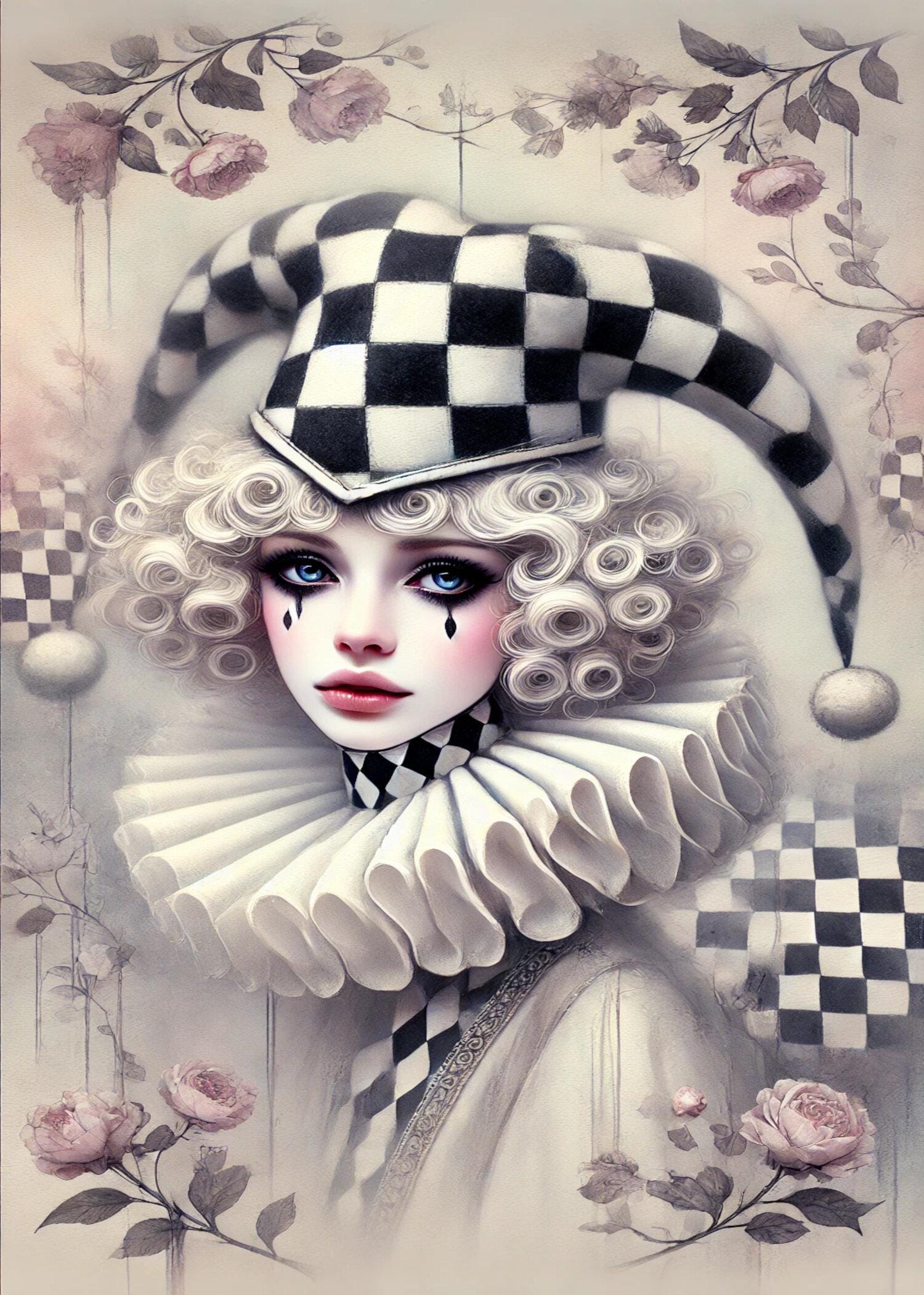 Harlequin, Whimsical Harlequin, Watercolour Art, Checkerboard Theme ...