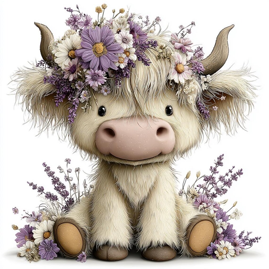 Highland Calf With Flower Crown CLIPART, Whimsical Farm Animal Portrait ...
