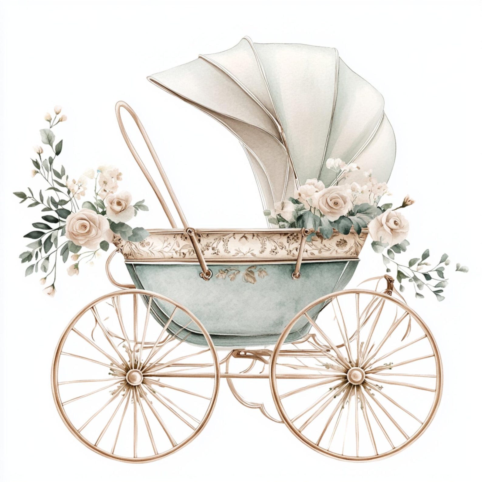 Floral Pram, Vintage Buggy, Baby Carriage, Girl Nursery Art, Antique ...