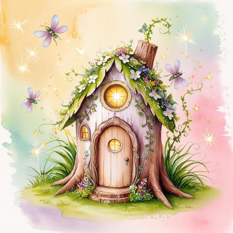 Mystical Fairy Houses, Fairy House Art, Whimsical Watercolor, Enchanted ...