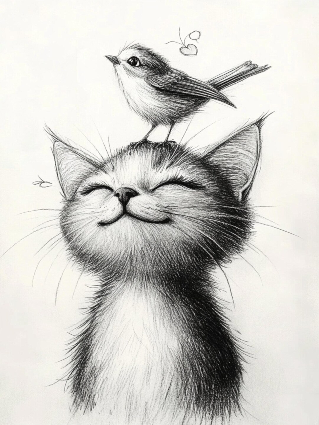 Cute Cat Drawing, Bird on Cat Art, Pencil Sketch Animal, Whimsical Cat ...