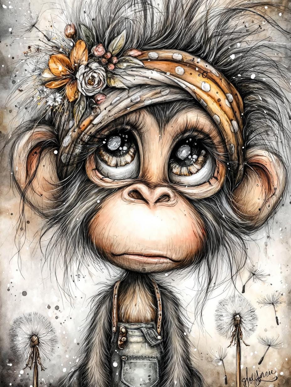 Boho Monkey Clipart, Whimsical Bohemian Animals, Floral Headband Monkey ...