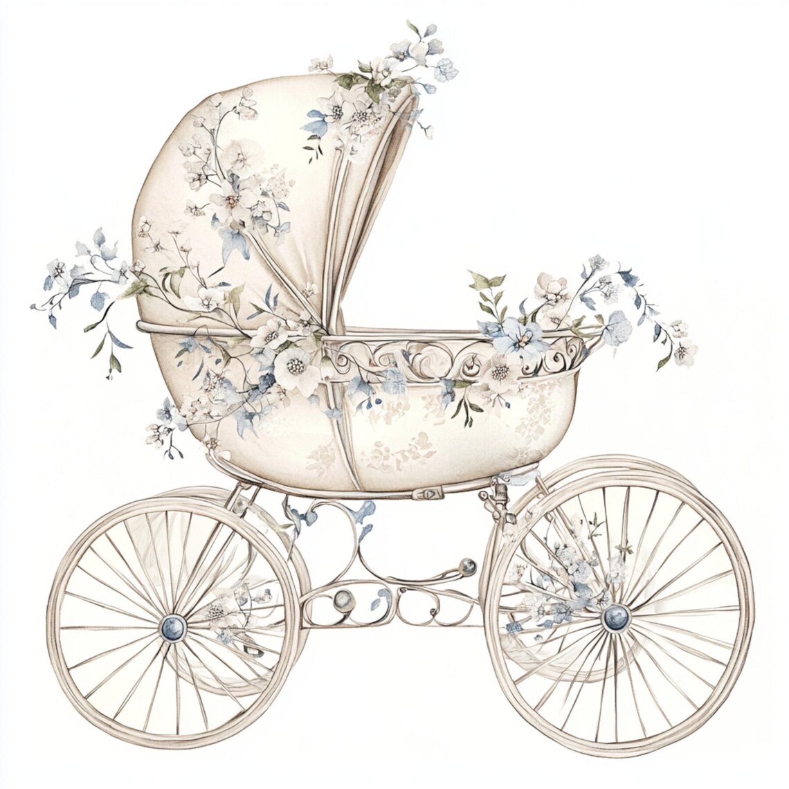 Floral Pram, Vintage Buggy, Baby Carriage, Girl Nursery Art, Antique ...