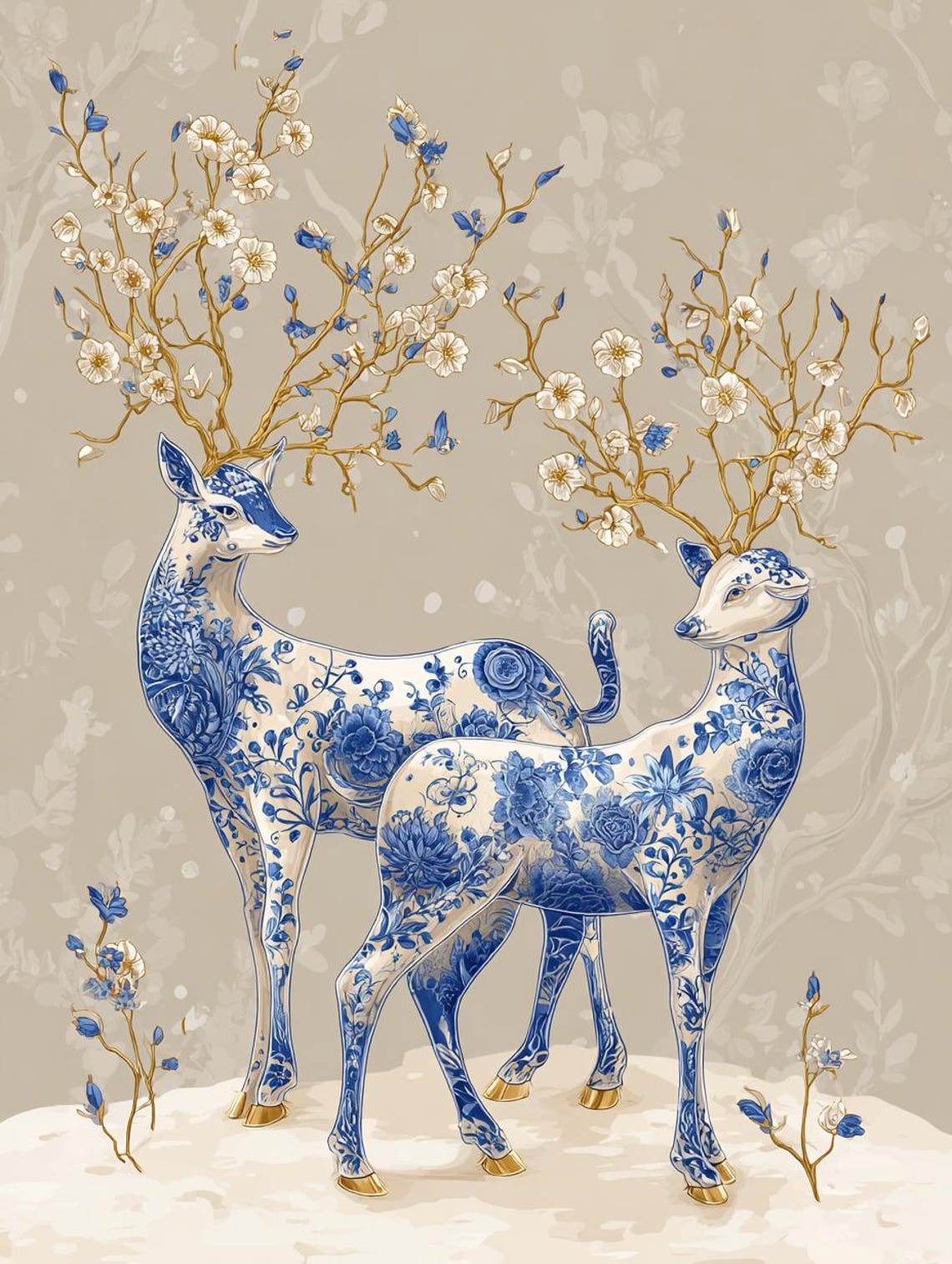 Blue Deer, Floral Stag, Chinoiserie Art, Reindeer Print, Gold Antlers ...