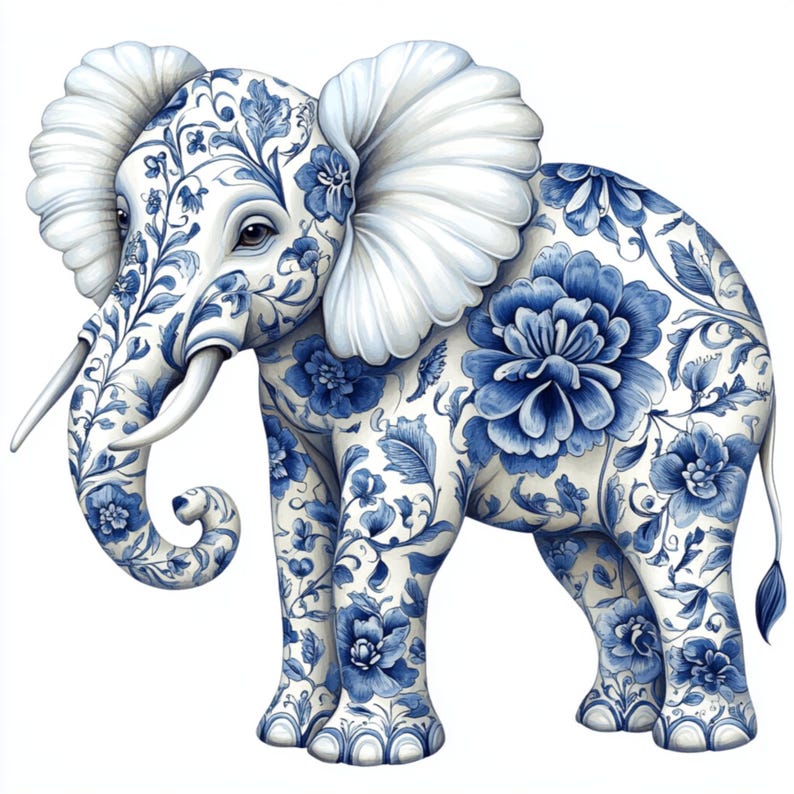 Blue Porcelain Art, Delft Elephant, Floral Ceramic, Indigo Animal Art ...