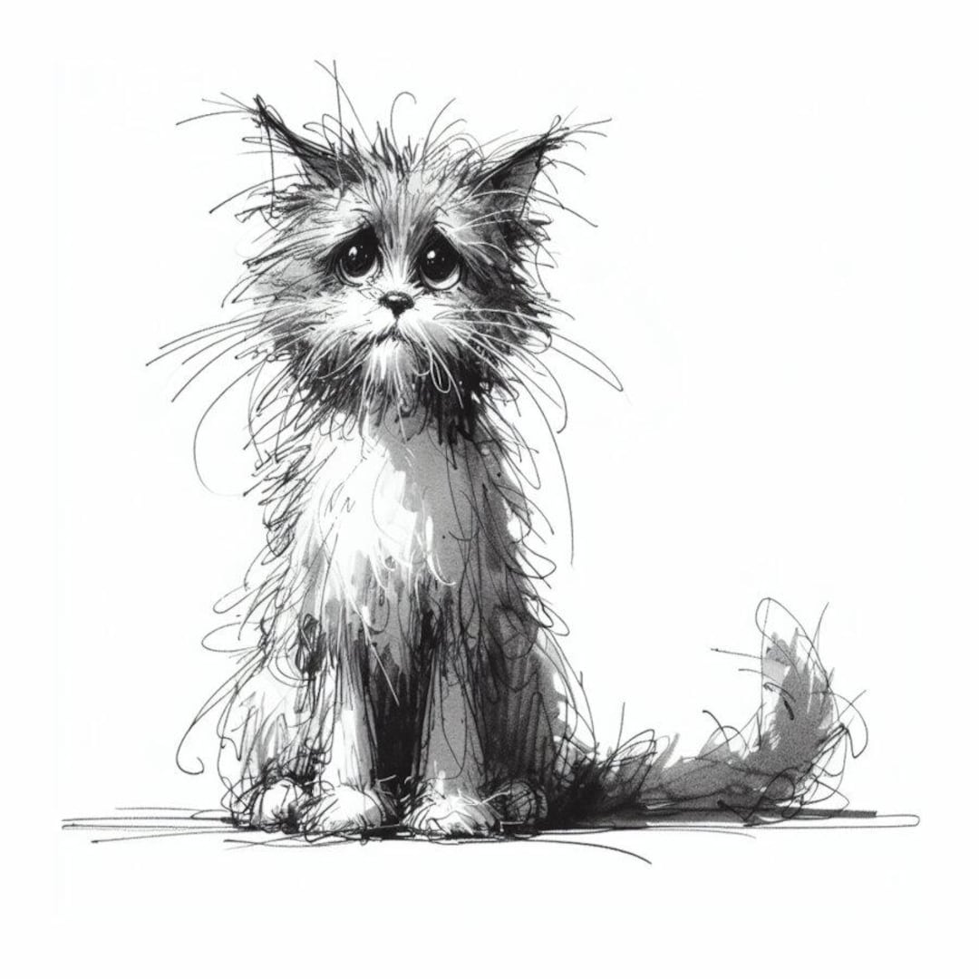 12 Clipart Shaggy Cats, JPG Watercolour Images of Cartoon Cats, Scruffy ...