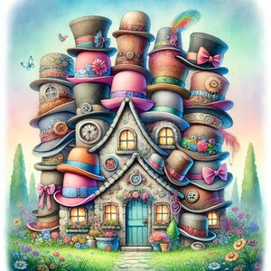 Mad Hatters Mansion, Whimsical House, Top Hat House, Watercolor Art ...