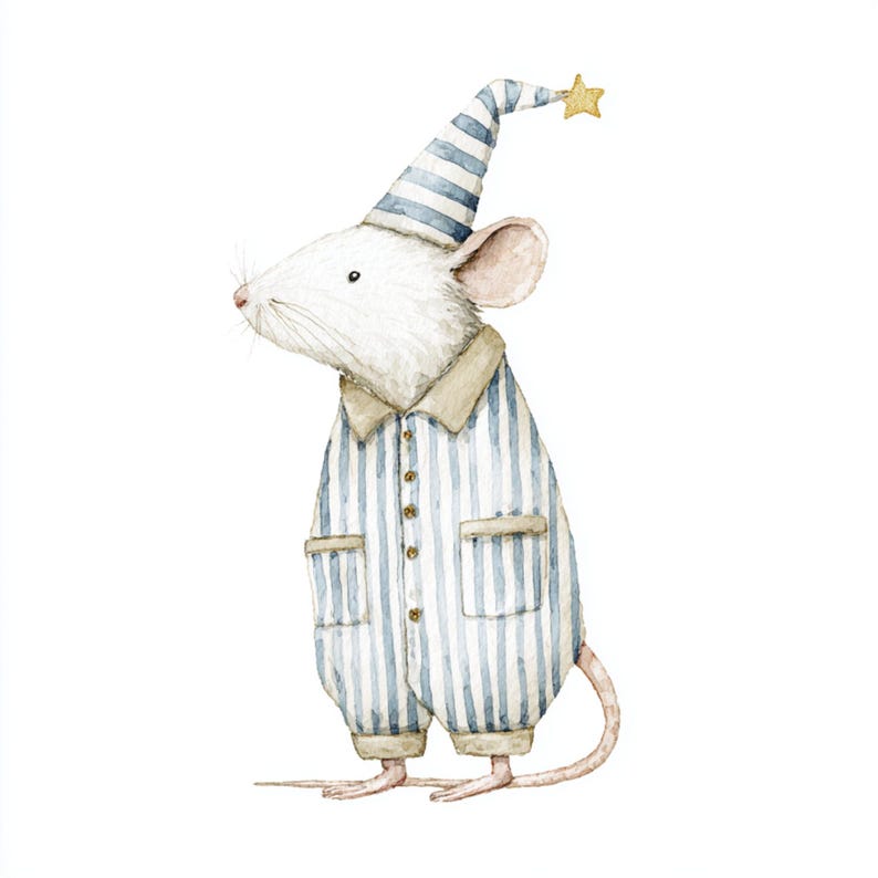 Bedtime Mouse, Pajama Mouse, Sleepy Mouse, Cute Mouse Art, Night Cap ...
