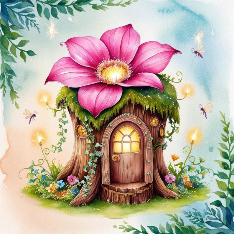 Mystical Fairy Houses, Fairy House Art, Whimsical Watercolor, Enchanted ...