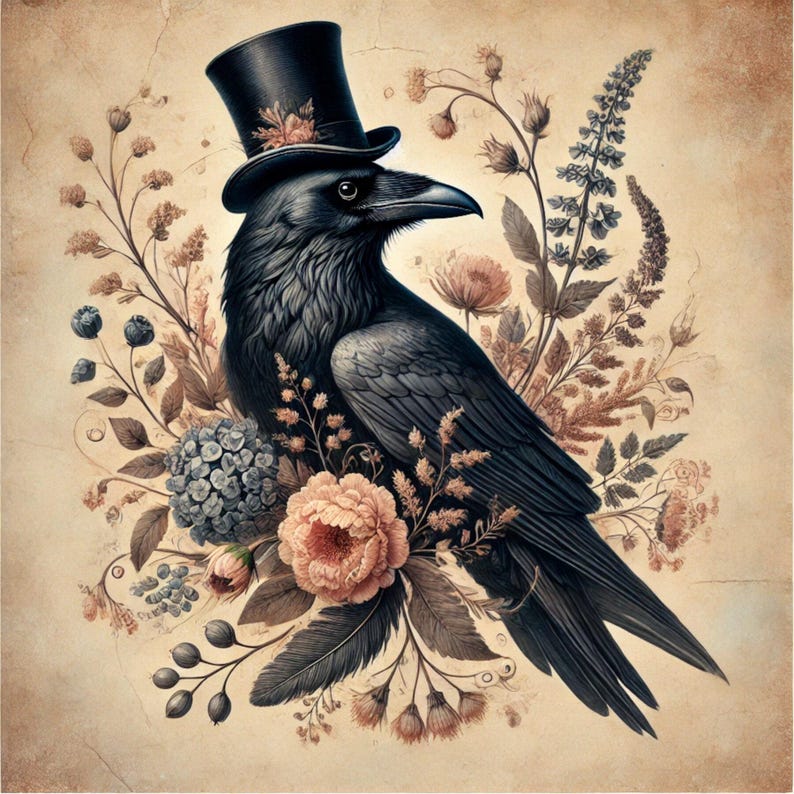 The Raven, Raven Art, Gothic Raven, Vintage Bird Art, Floral Raven, Top ...