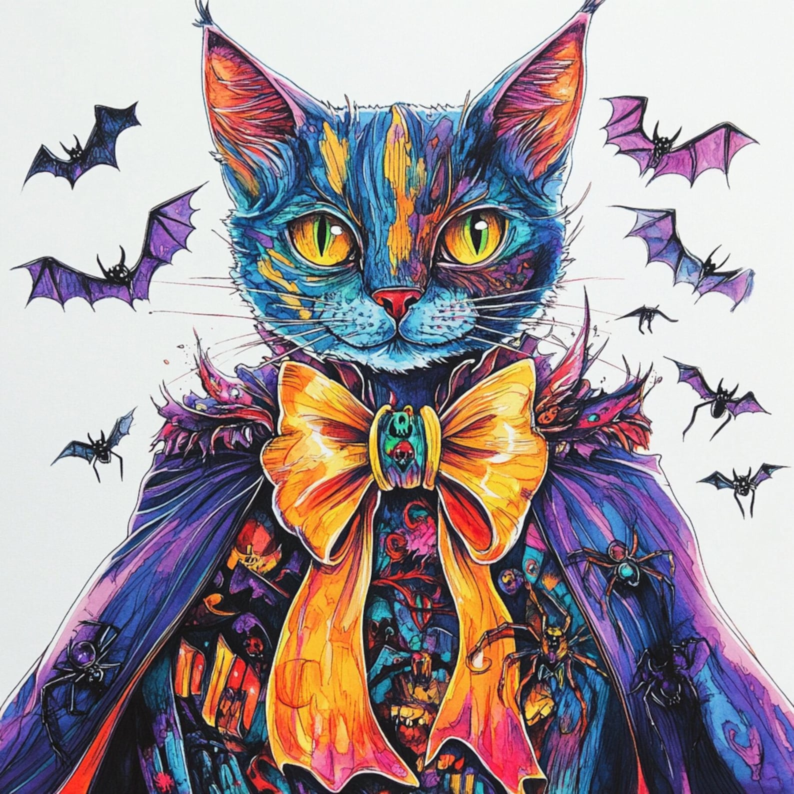 Vampire Cat Art, Halloween Cat, Neon Cat Clipart, Gothic Kitty Art ...
