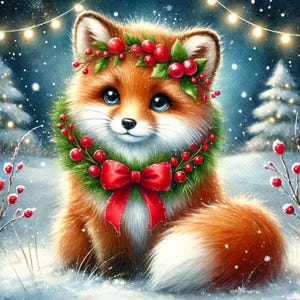 10 Adorable Red Fox With Christmas Wreath Art Print – Festive ...