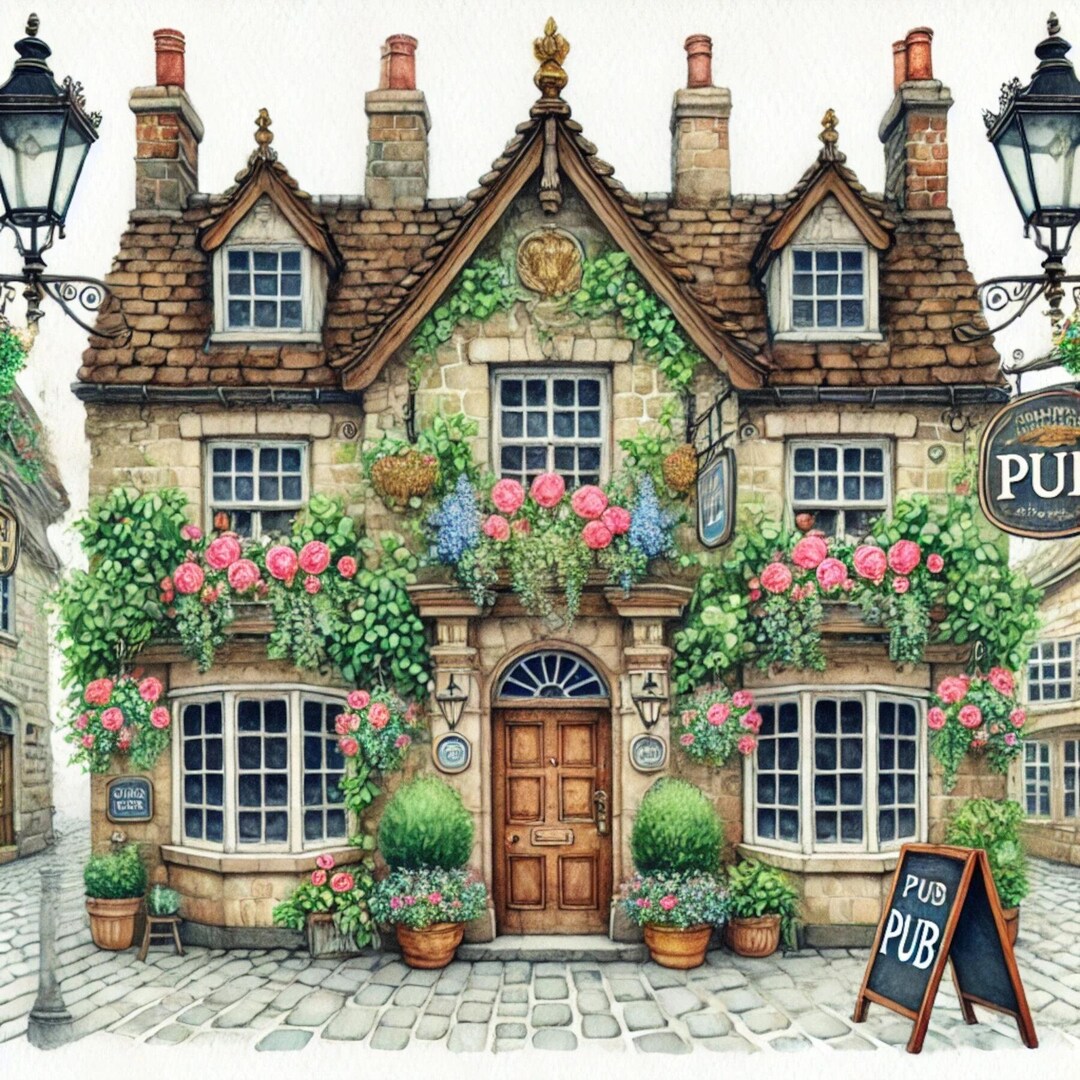 Village Pub Art, Pub Facade Art, Cozy Pub Decor, Rustic Pub Clipart ...