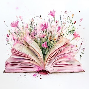 Open Book Art, Flower Pages, Pink Bloom, Floral Storybook, Botanical ...