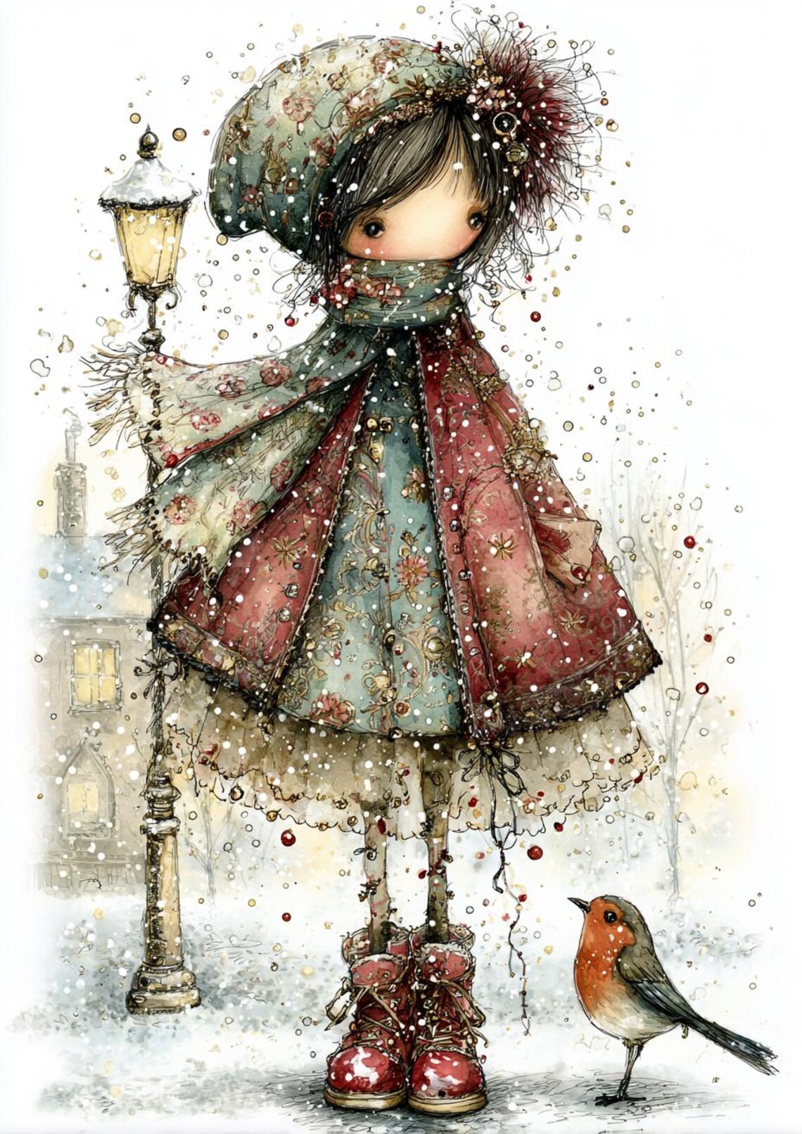 Christmas Robin, Winter Girl, Snowy Art, Festive Dress, Red Boots ...