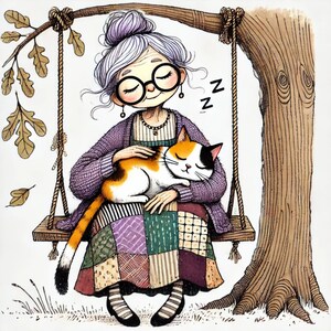 Grannyverse, Elderly Cartoon, Cat Illustration, Cozy Grandma Art ...