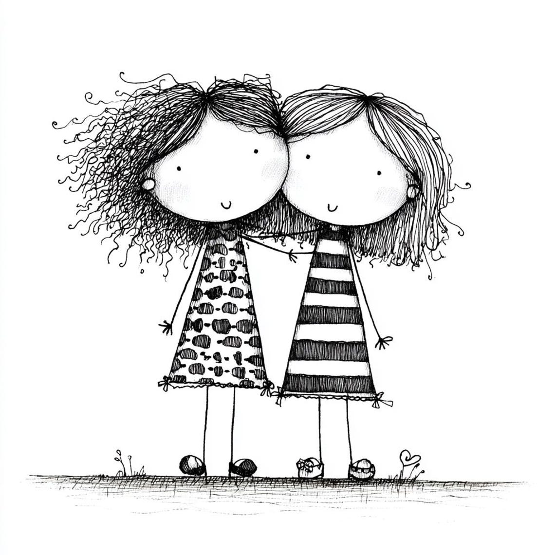 Best Friends PNG Set, Whimsical Hand-drawn Girls Clipart, Black and ...