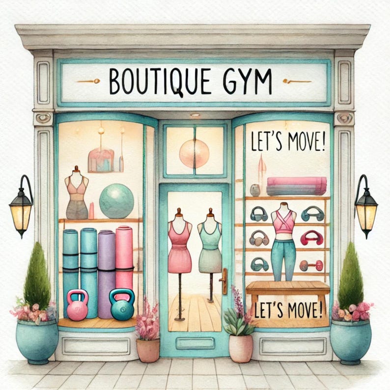 The Gym, Gym Shop Clipart, Fitness Storefront, Pastel Gym Art, Boutique ...