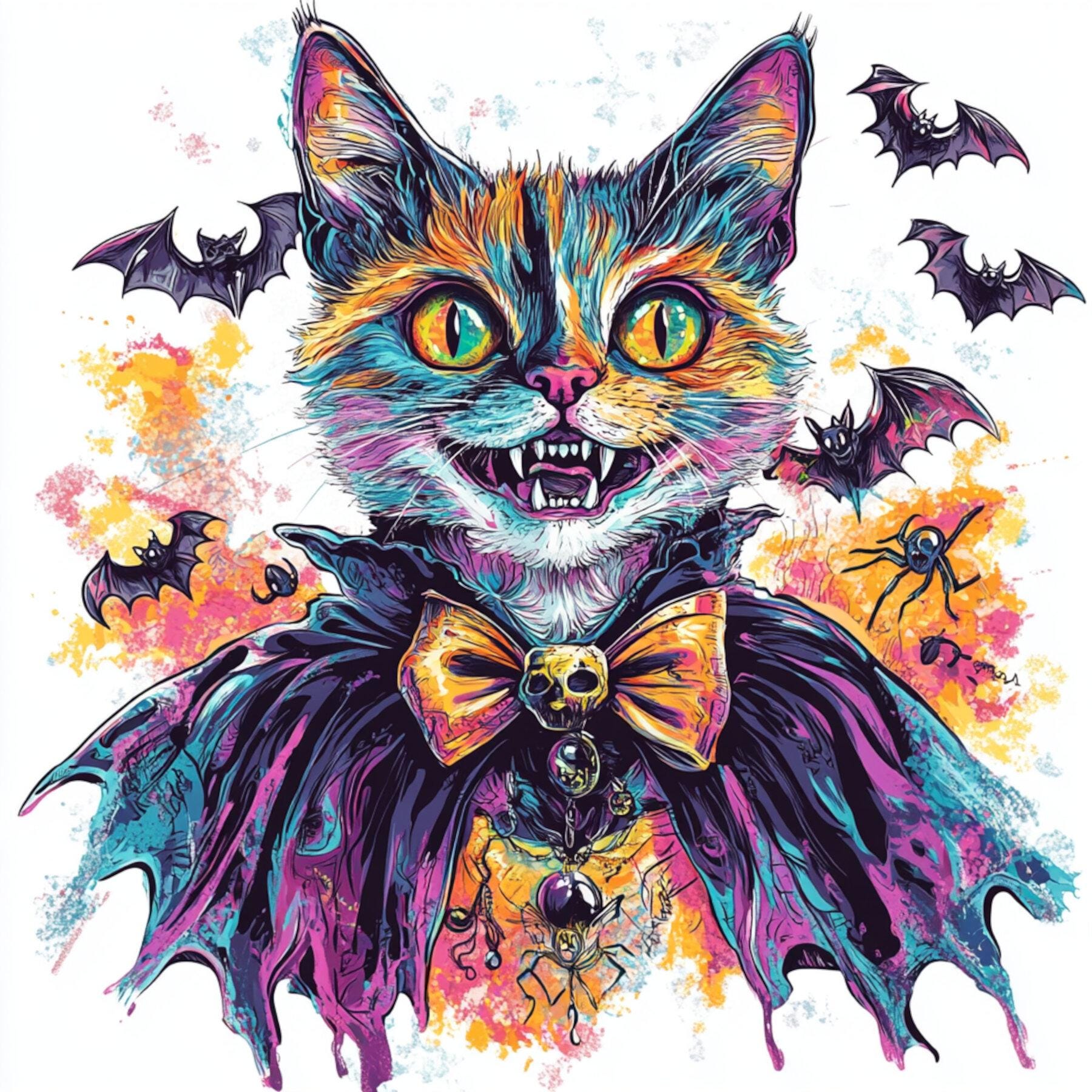 Vampire Cat Art, Halloween Cat, Neon Cat Clipart, Gothic Kitty Art ...