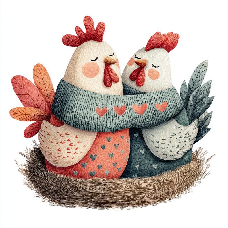 Cozy Chicken Couple CLIPART, Whimsical Folk Hen Pair, Heart Pattern ...