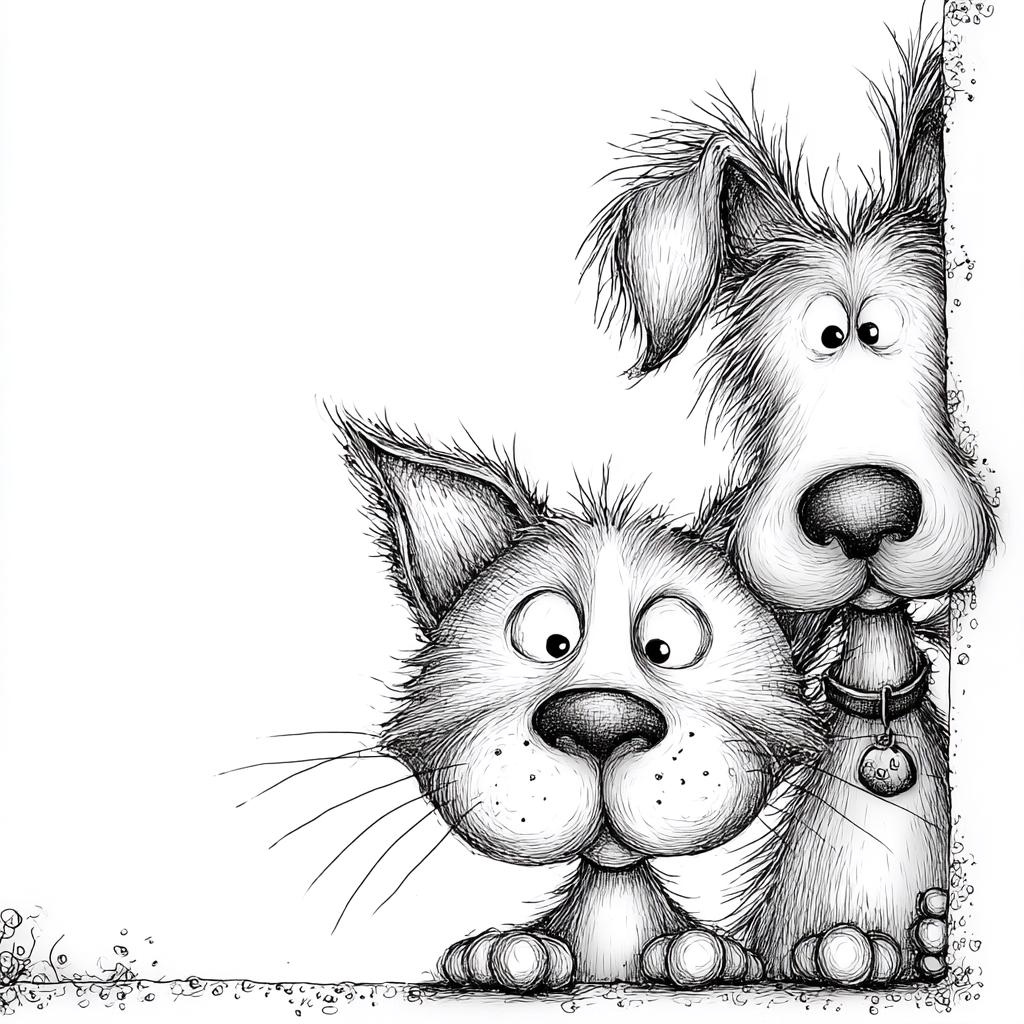 Cat and Dog CLIPART, Black and White Cartoon Sketch, Peeking Pets ...