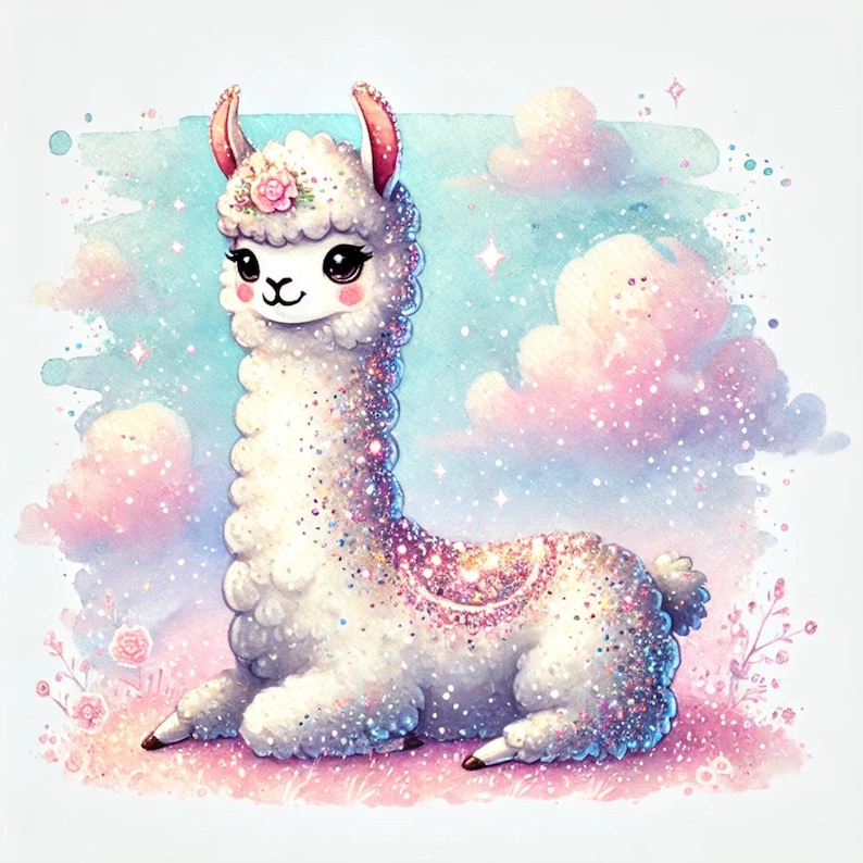 Glitter Llama, Whimsical Llama, Watercolor Llama, Cute Llama Art ...