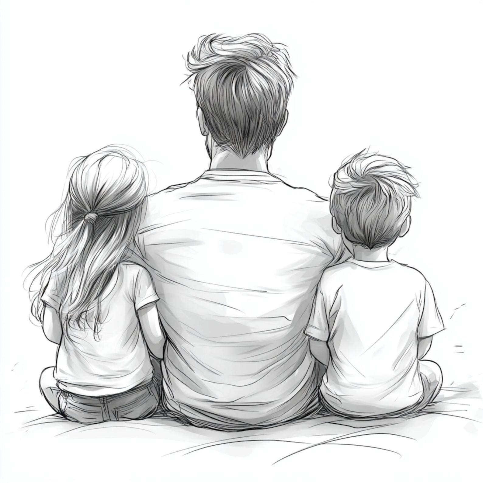 Father and Children, Dad With Kids, Father’s Day Sketch, Sentimental ...