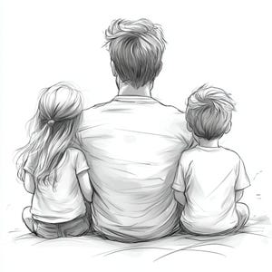Father and Children, Dad With Kids, Father’s Day Sketch, Sentimental ...