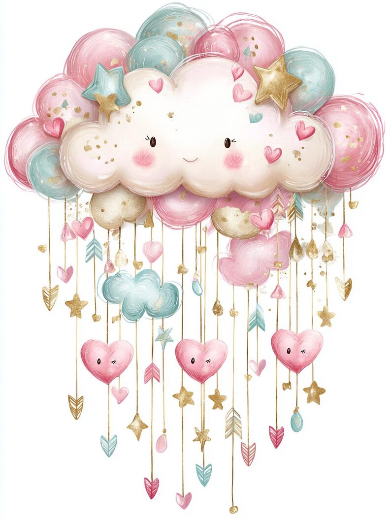 Love Clouds, Cute Heart Cloud Clipart, Pastel Pink and Blue Valentine ...