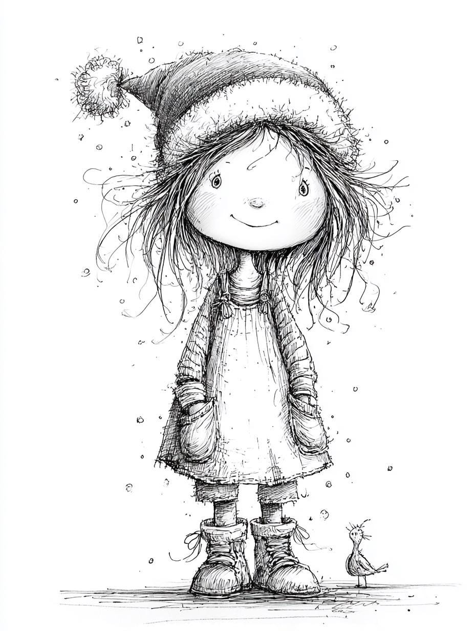 Christmas Girl, Winter Line Art, Holiday Sketch, Santa Hat Girl, Cute ...