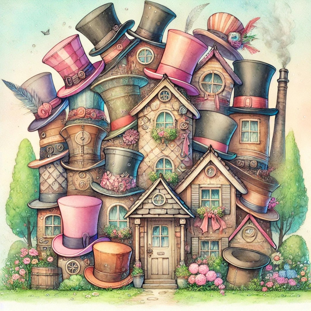 Mad Hatters Mansion, Whimsical House, Top Hat House, Watercolor Art ...