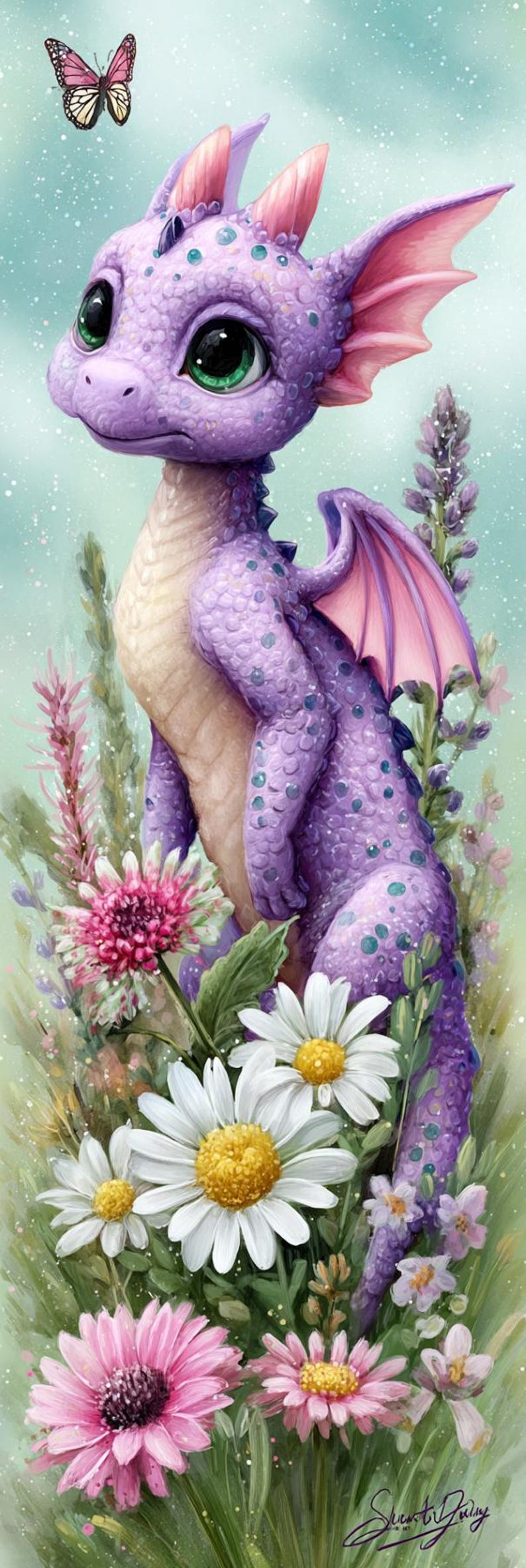 Baby Dragon Art, Fantasy Dragon, Cute Dragon PNG, Dragon and Flowers ...