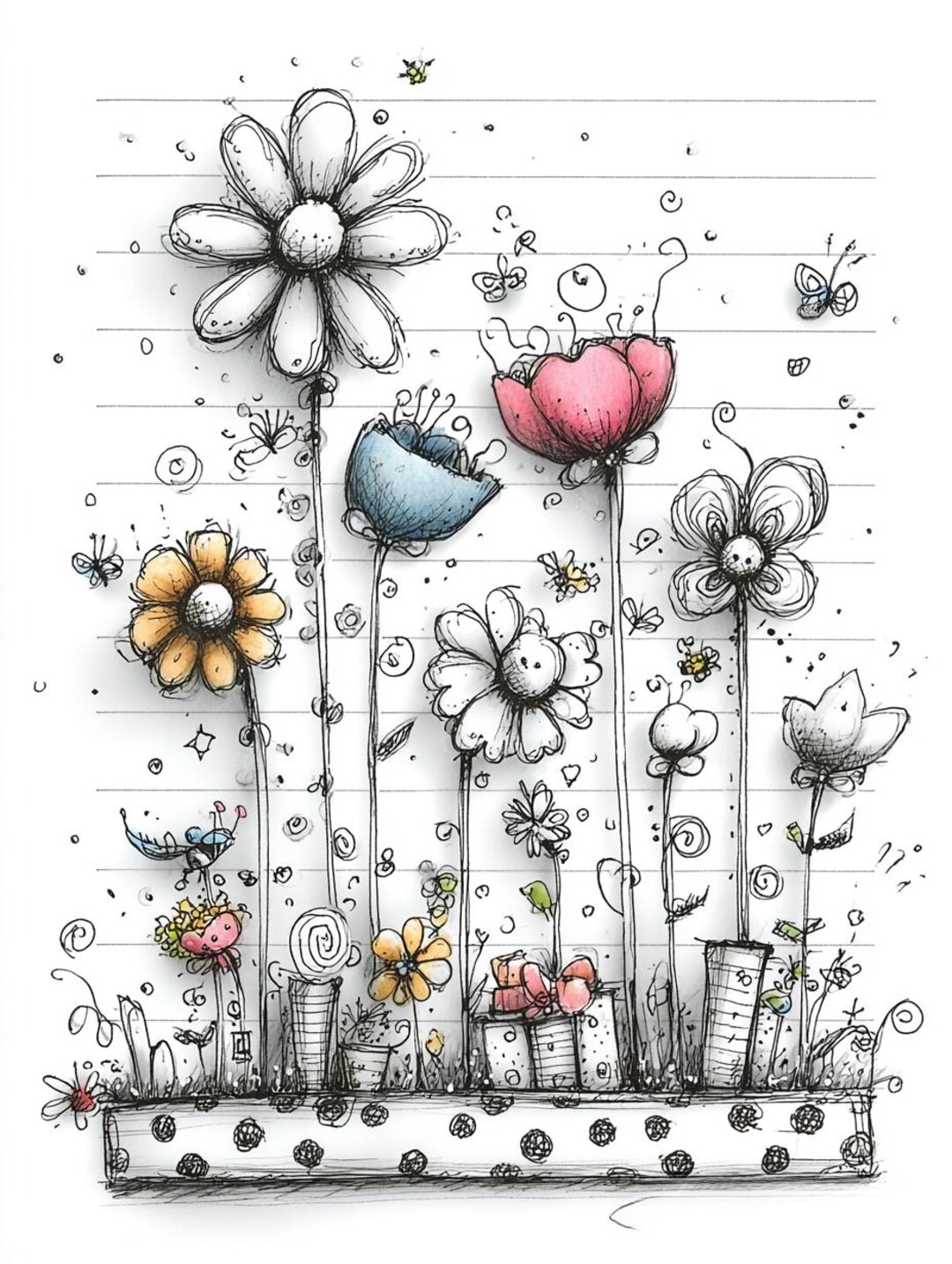 Whimsical Garden Floral CLIPART, Hand Drawn Flowers and Butterflies ...