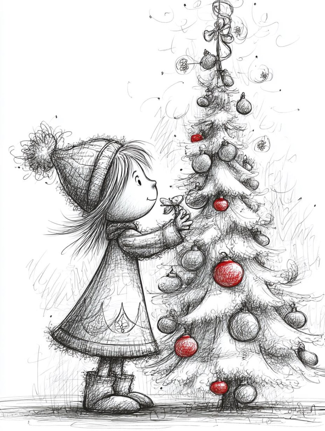 Christmas Tree Girls, Sketch Style, Holiday Clipart, Cute Girl With ...