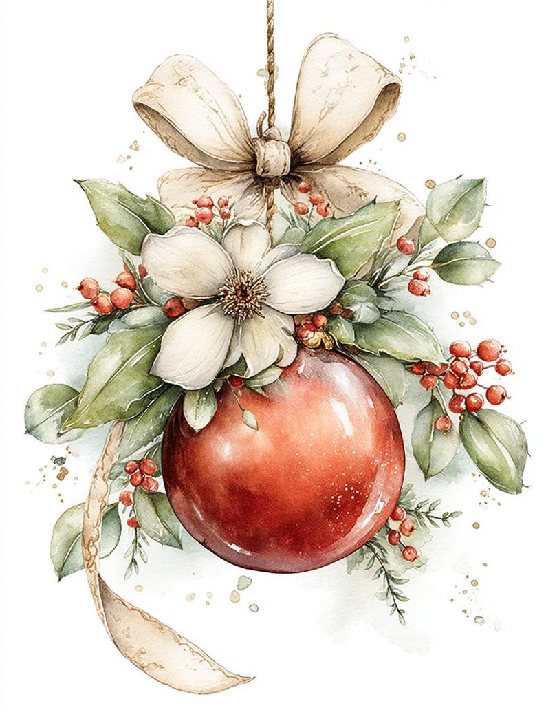 Christmas Baubles, Watercolor Ornaments, Holiday Clipart, Red Bauble ...