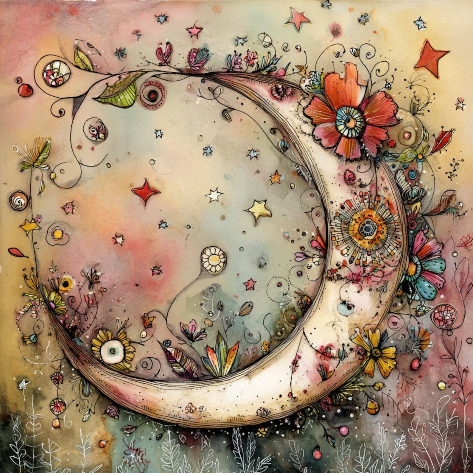 Whimsical Crescent Moon Clipart Set, Floral Watercolor and Ink ...