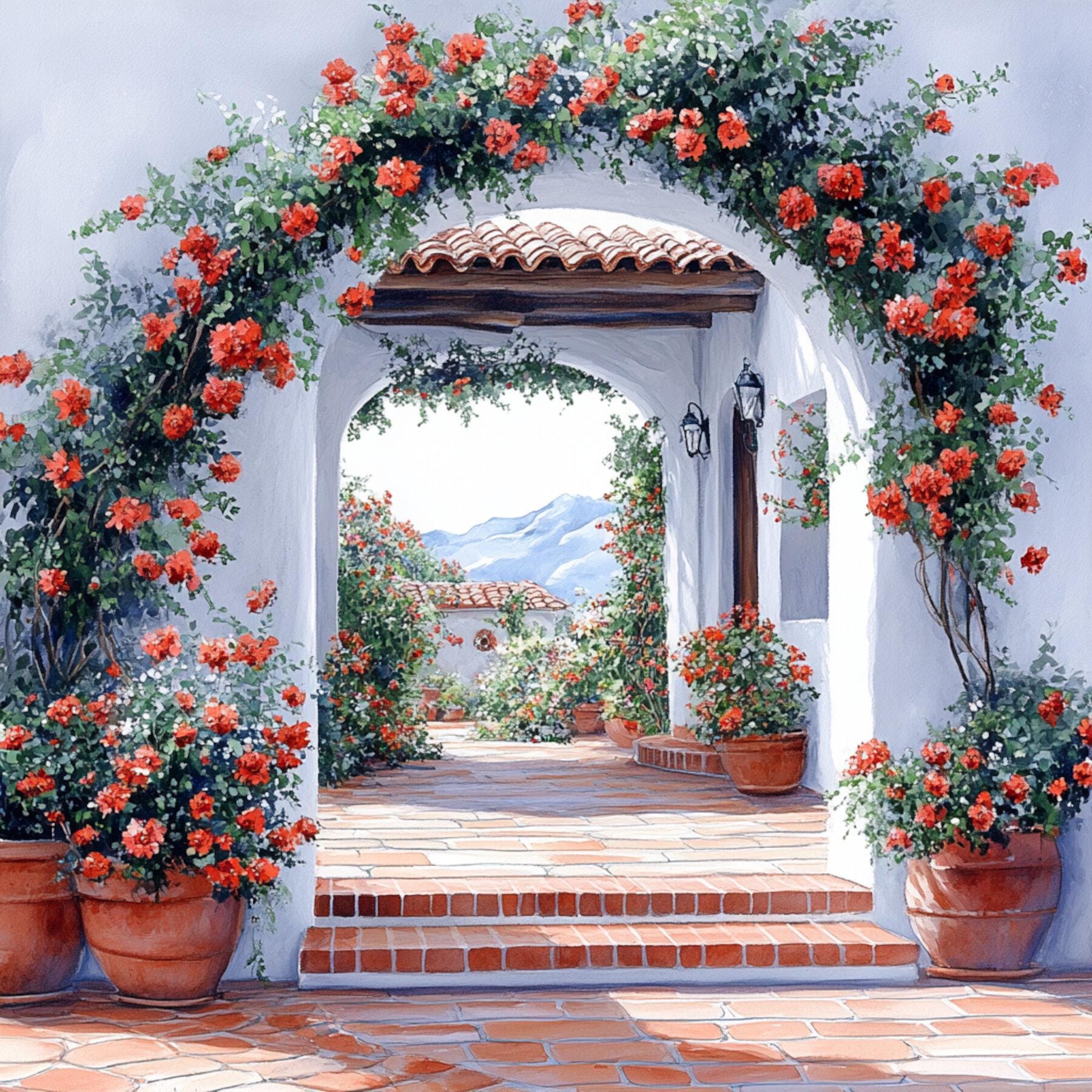 Italian Courtyard, Villa Wall Art, Garden Arch Art, Patio Print, Tuscan ...
