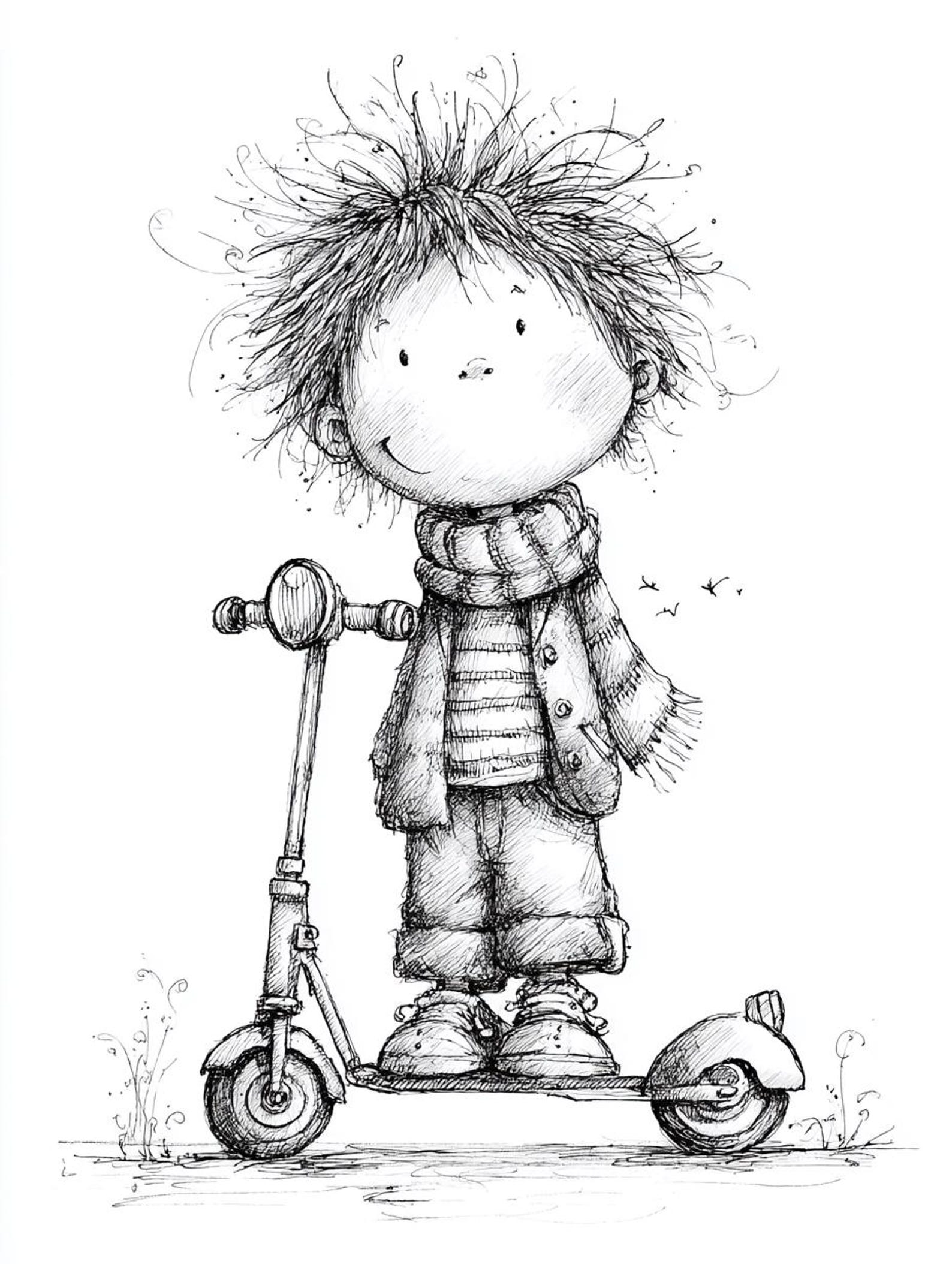 Boy on Scooter, Cute Kid Art, Whimsical Sketch, Scooter Drawing, Boy ...