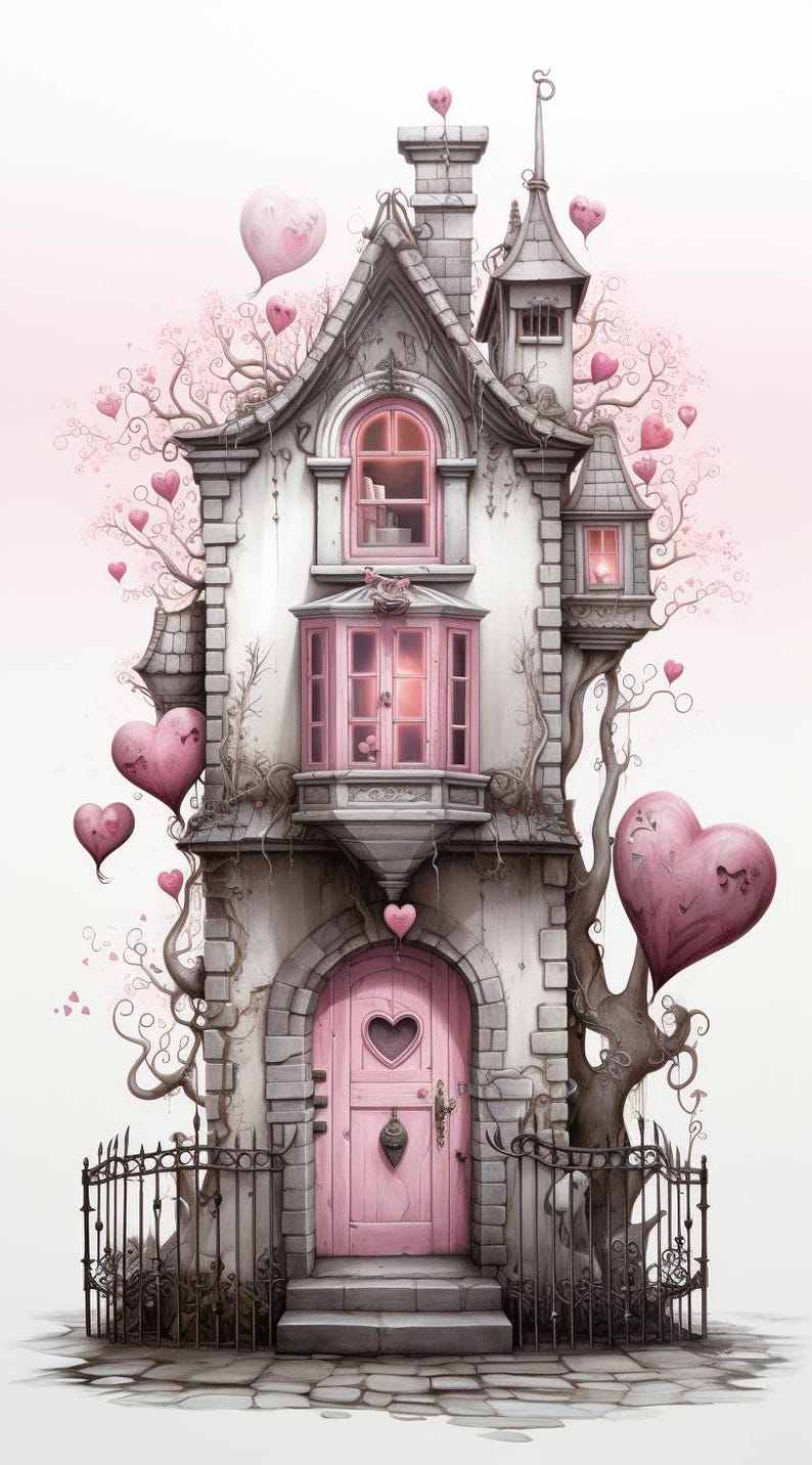 Love House Art, Heart Cottage, Valentine Home, Pink House Art, Cute ...